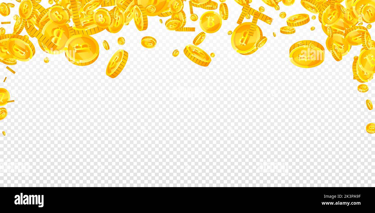 Bitcoin coins falling. Cryptocurrency scattered gold BTC coins ...