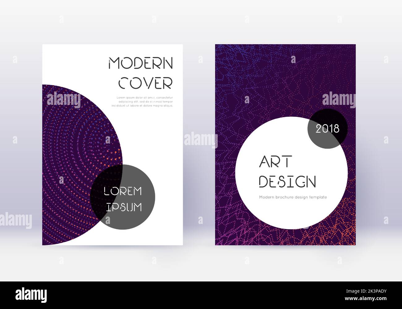 Trendy cover design template set. Violet abstract lines on dark ...