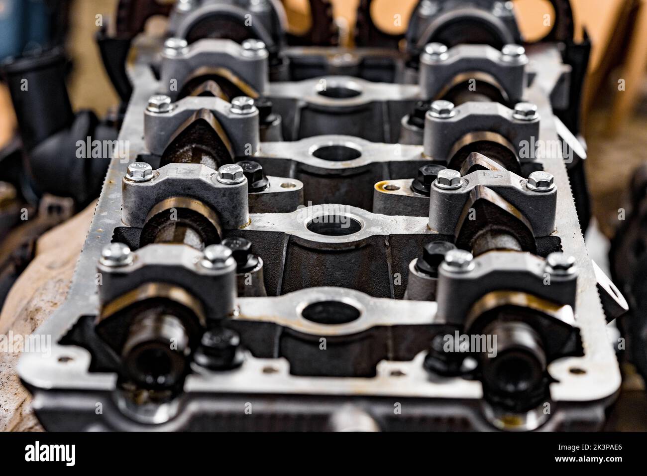 Disassembled car engine block at car service station Stock Photo - Alamy