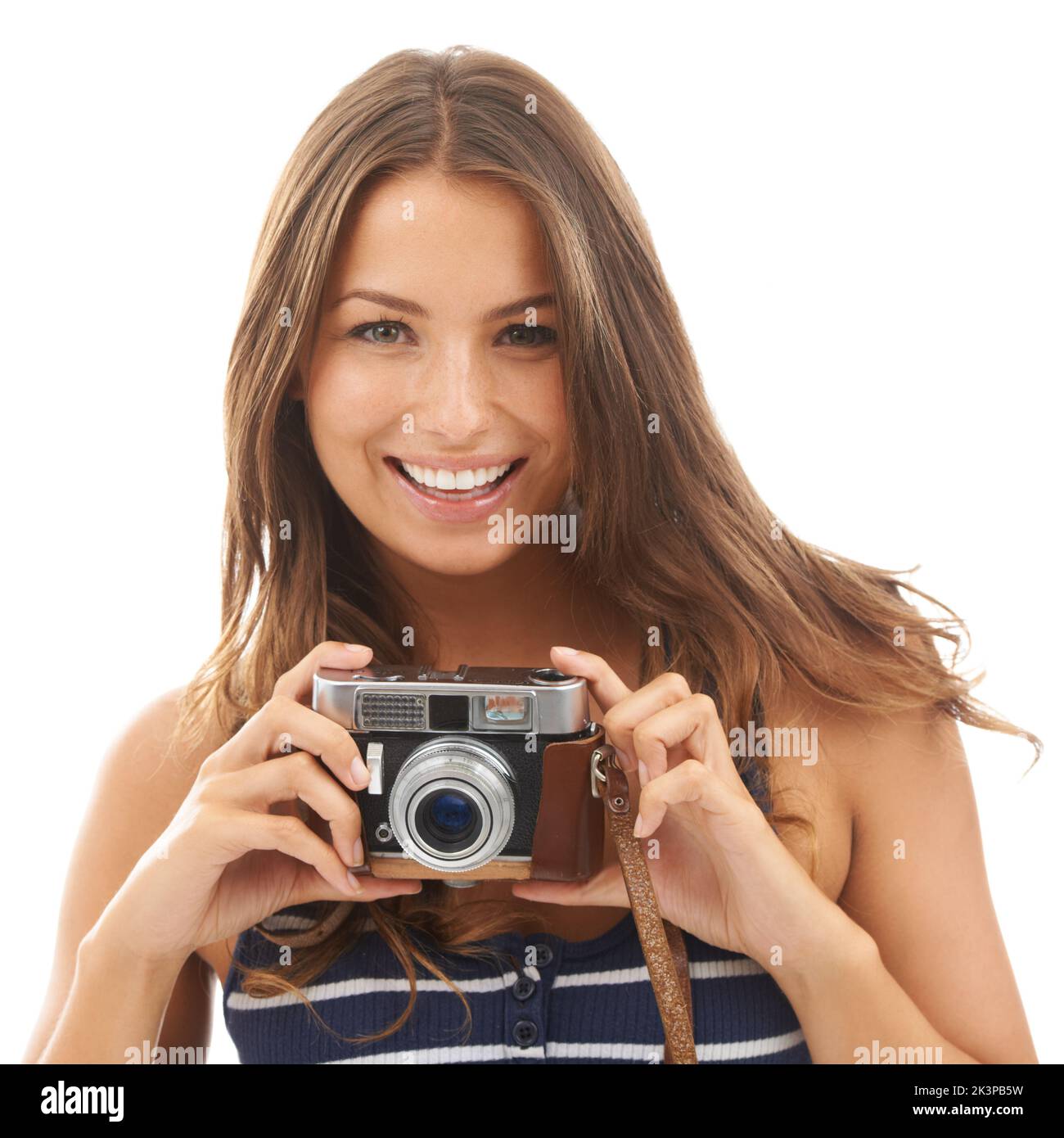 Smile...A pretty young tourist taking a photo of you while isolated on ...