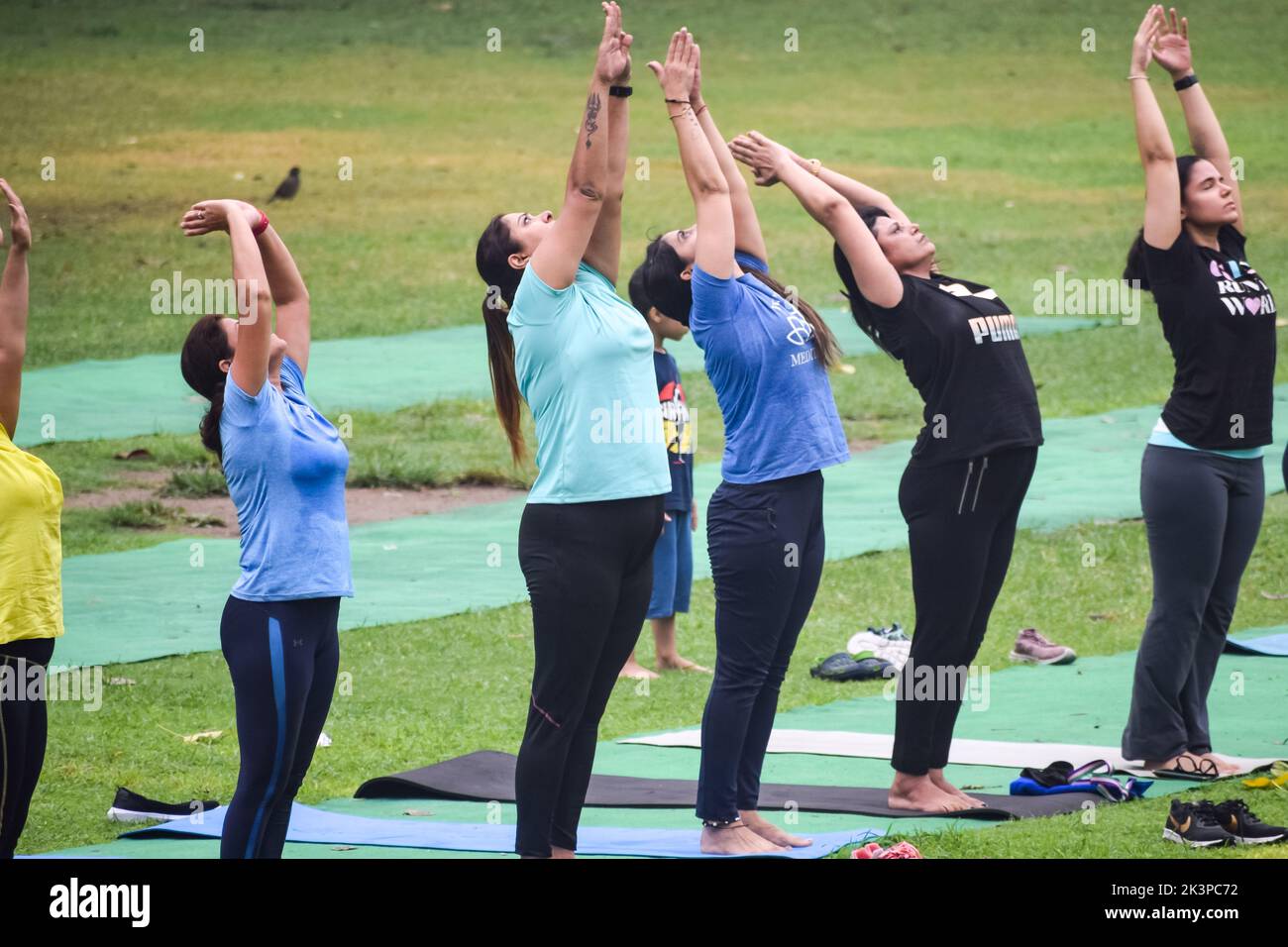 New Delhi, India, June 18 2022 - Group Yoga exercise class Surya ...