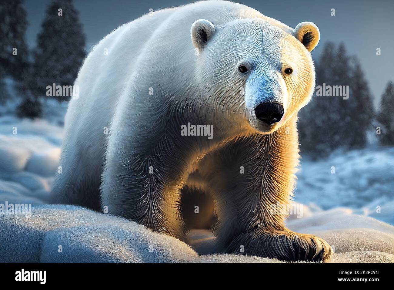 Polar bear on snow in arctic forest. Ursus maritimus species. White bear on snow in nature ...