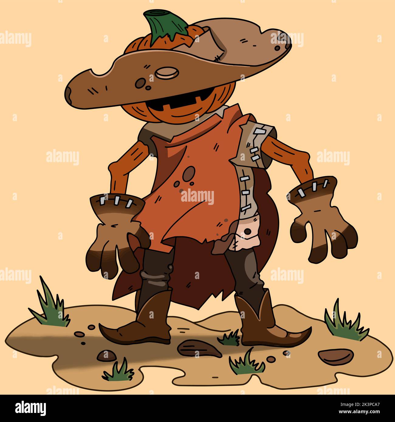 scarecrow pumpkin in cowboy outfit halloween illustration Stock Vector ...