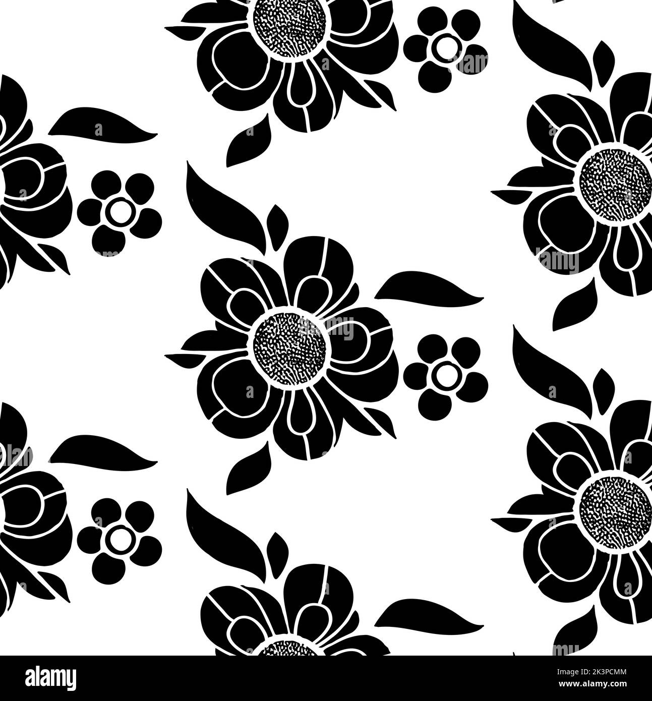 Seamless vector line art pattern made of black flowers on white Stock ...