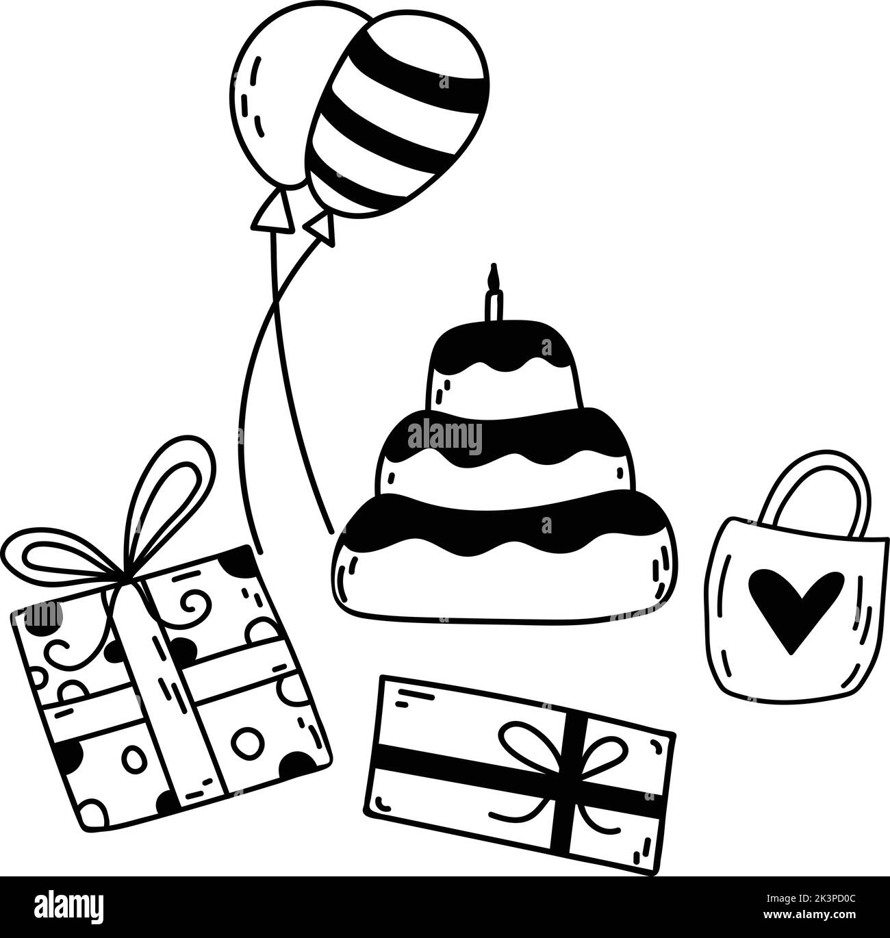 Vector doodle birthday set of elements. Hand-drawn illustration with ...