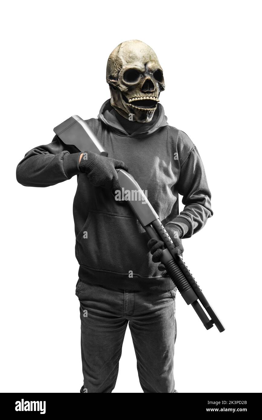 Man with a skull head costume for Halloween holding gun isolated over ...