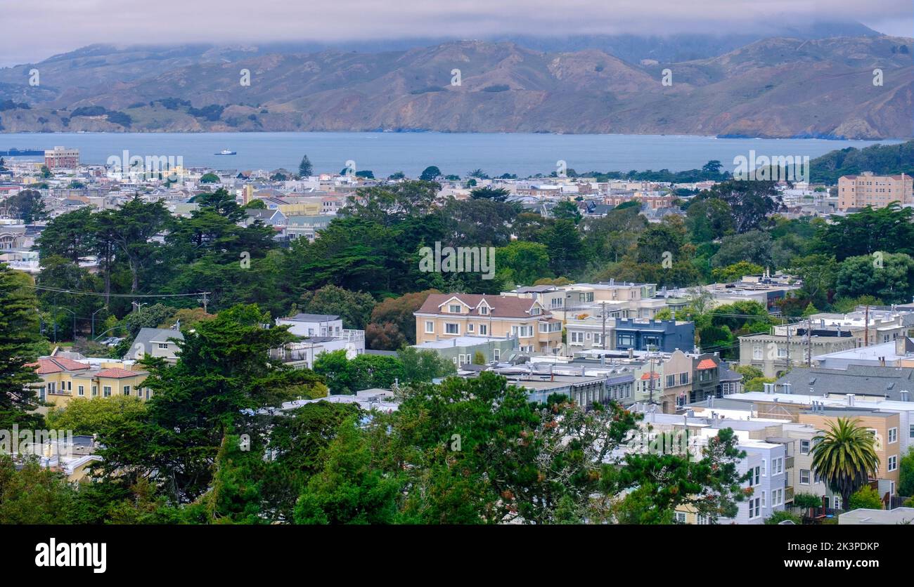 Panoramic view of houses, hills & Pacific Ocean from de Young Museum ...