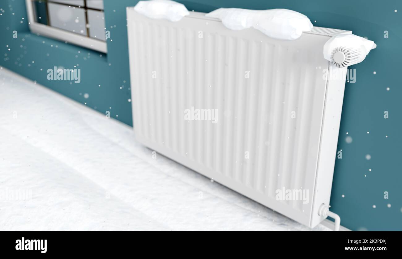 Diagonal snowy and cold radiator against heating bills with white floor ...