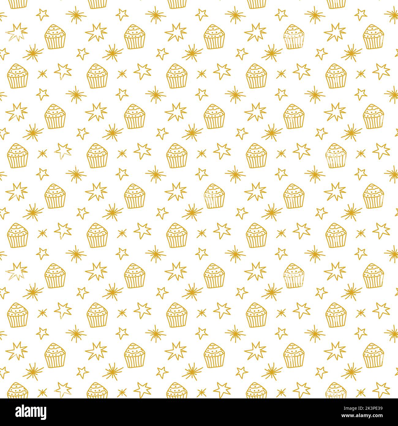 Seamless doodle pattern with gold cupcake and stars. Cute cartoon ...
