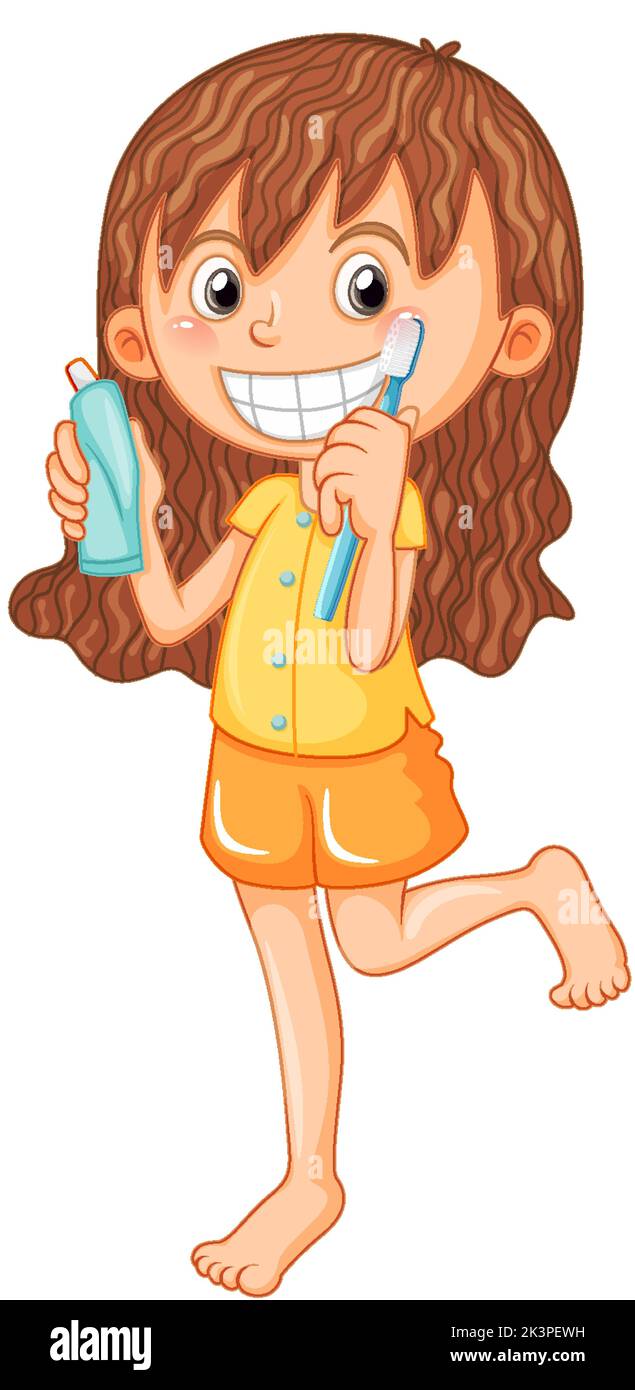 Cute girl cartoon character brushing teeth illustration Stock Vector ...