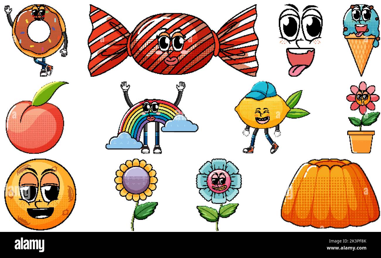 Set of objects and foods cartoon characters illustration Stock Vector ...