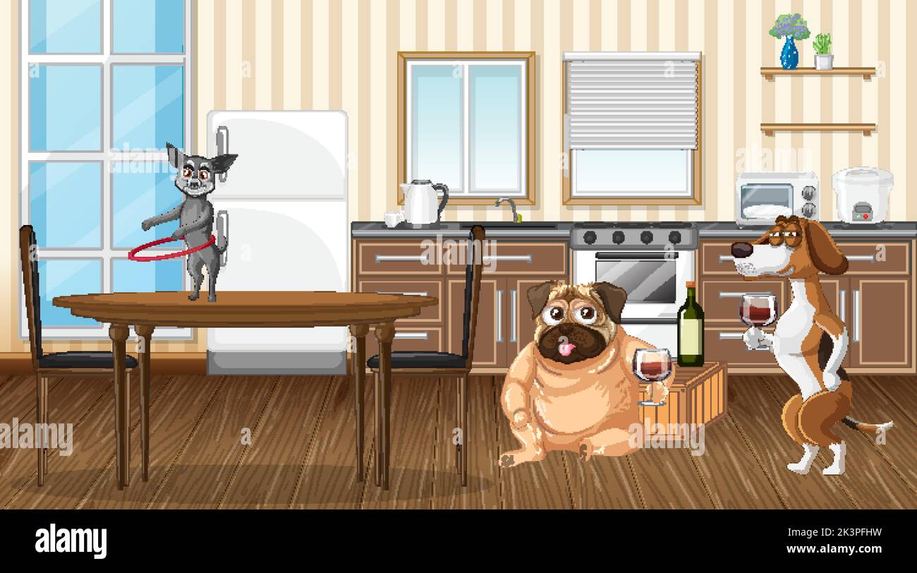 In house scene with dogs drinking wine illustration Stock Vector Image ...