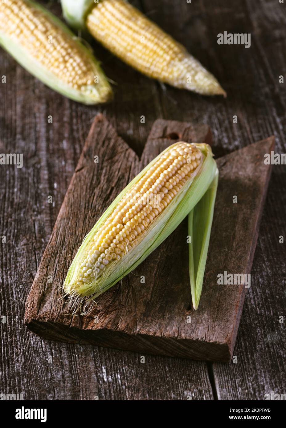Fresh raw sweet corn on cobs with husk on rustic wooden cutting board ...