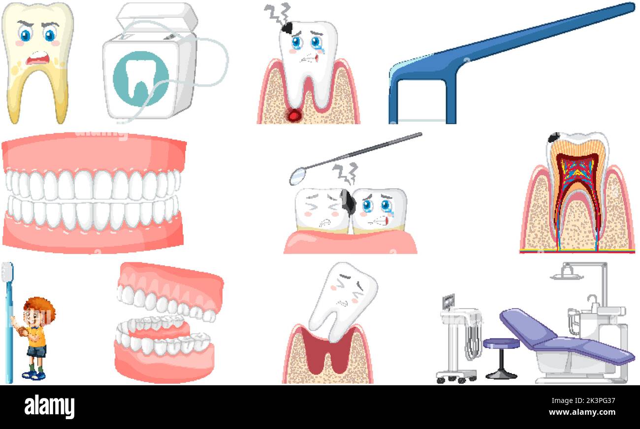 Set of dental equipments and cartoon characters illustration Stock ...