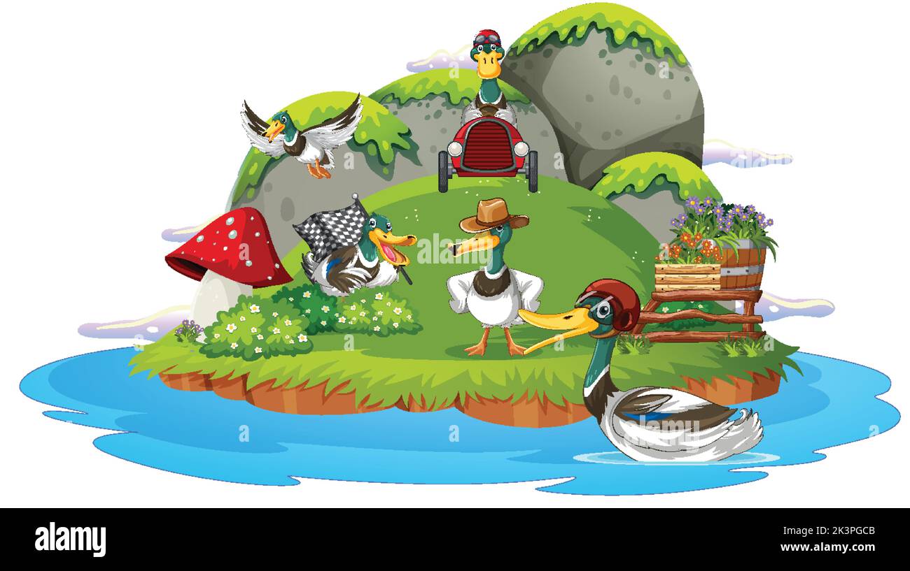 Happy duck group in nature scene illustration Stock Vector Image & Art ...