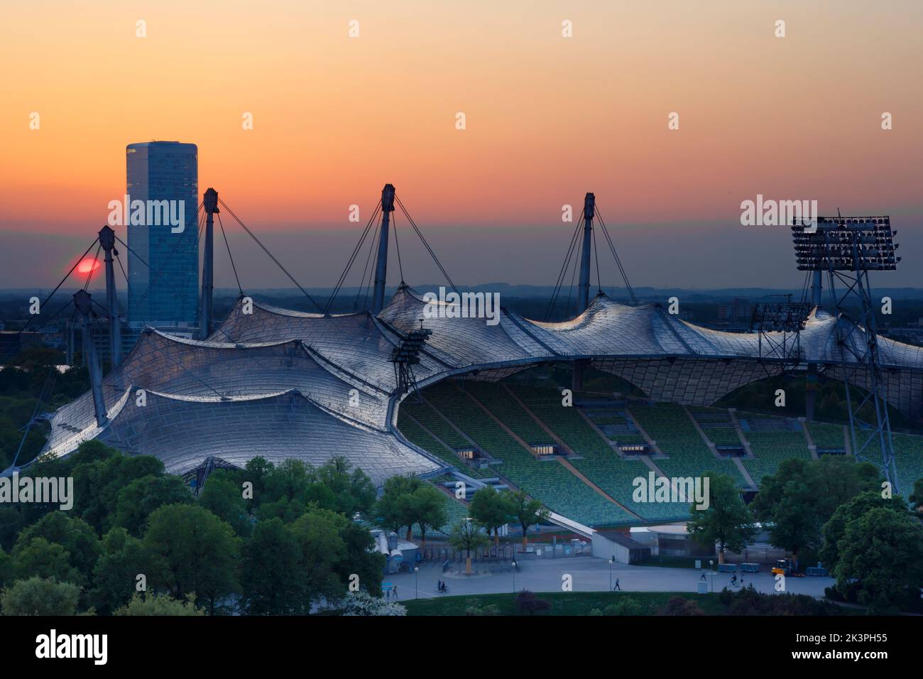 An aerial view of the Olympic Stadium at sunset in Muenchen, Bayern ...