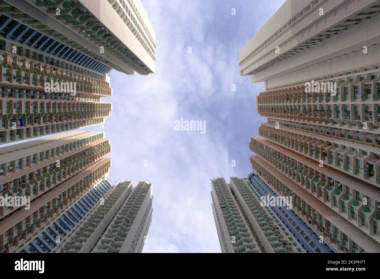 A low angle shot of high-rise downtown building towers in Hong Kong ...