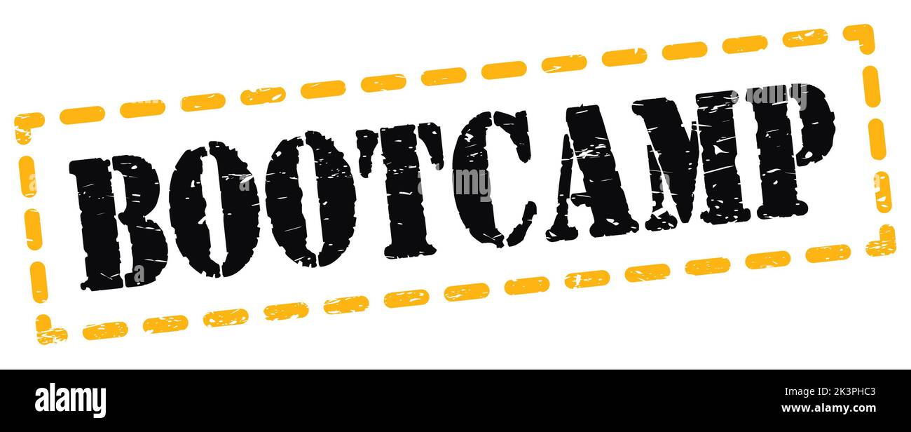 BOOTCAMP text written on yellow-black dash stamp sign Stock Photo - Alamy