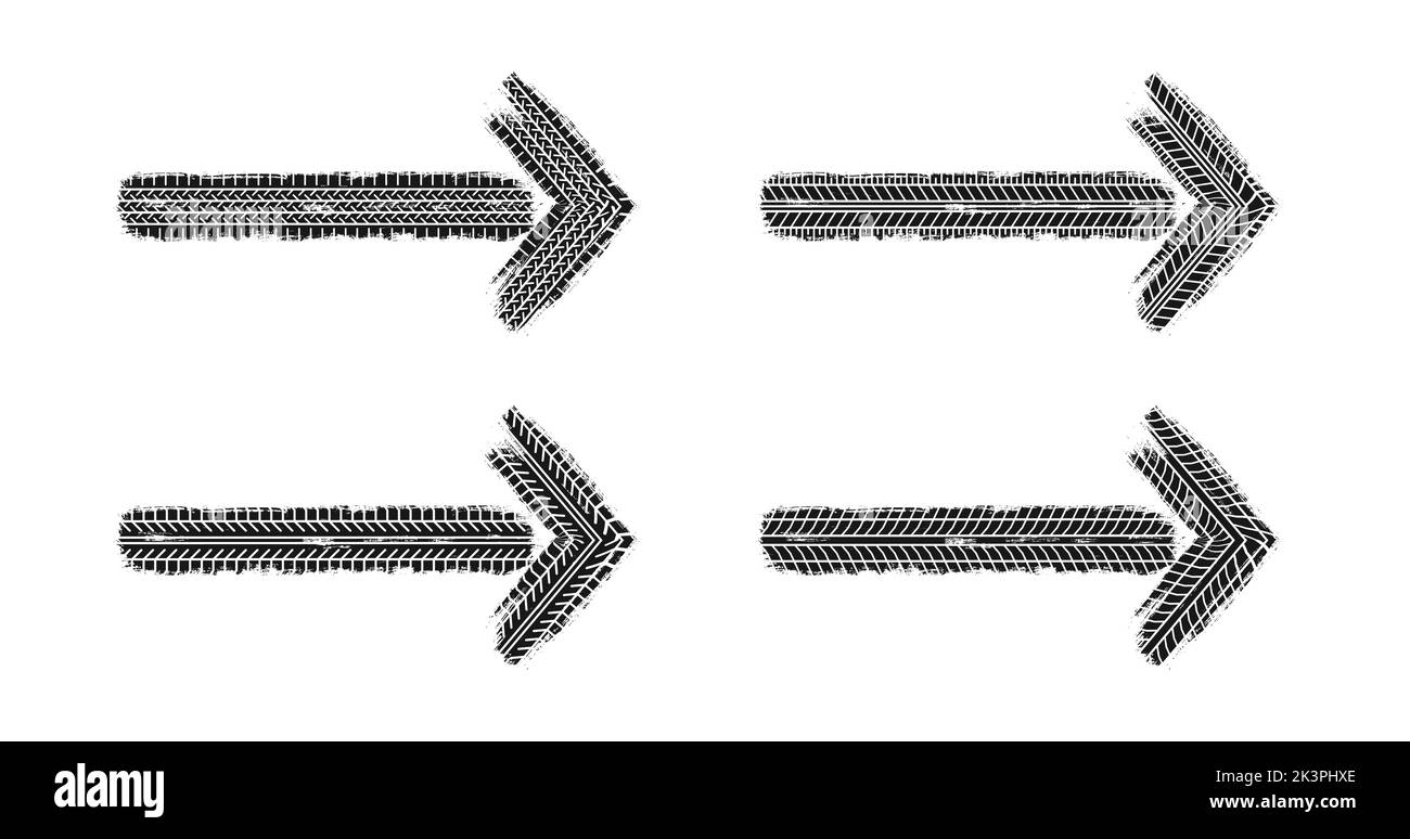 Auto tire tread grunge arrow. Car and motorcycle tire pattern, wheel tyre tread track. Direction ...