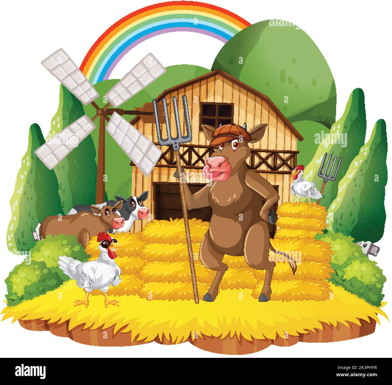 Outdoor cow farm scene with happy animals illustration Stock Vector ...