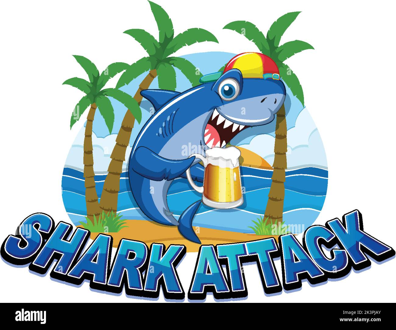 Shark attack icon with cute shark cartoon character illustration Stock ...
