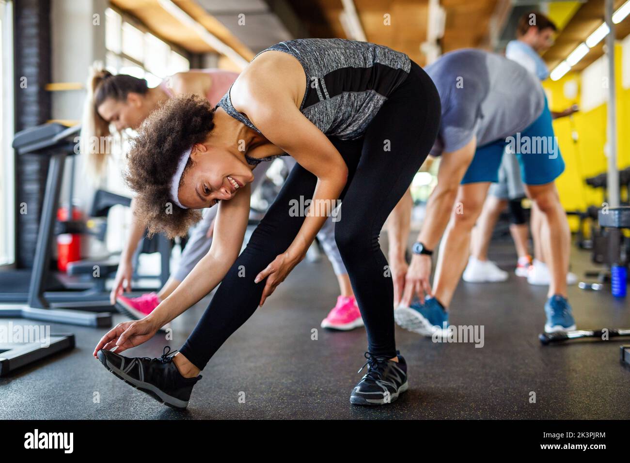Group of young fit people, friends doing exercises in gym to stay ...