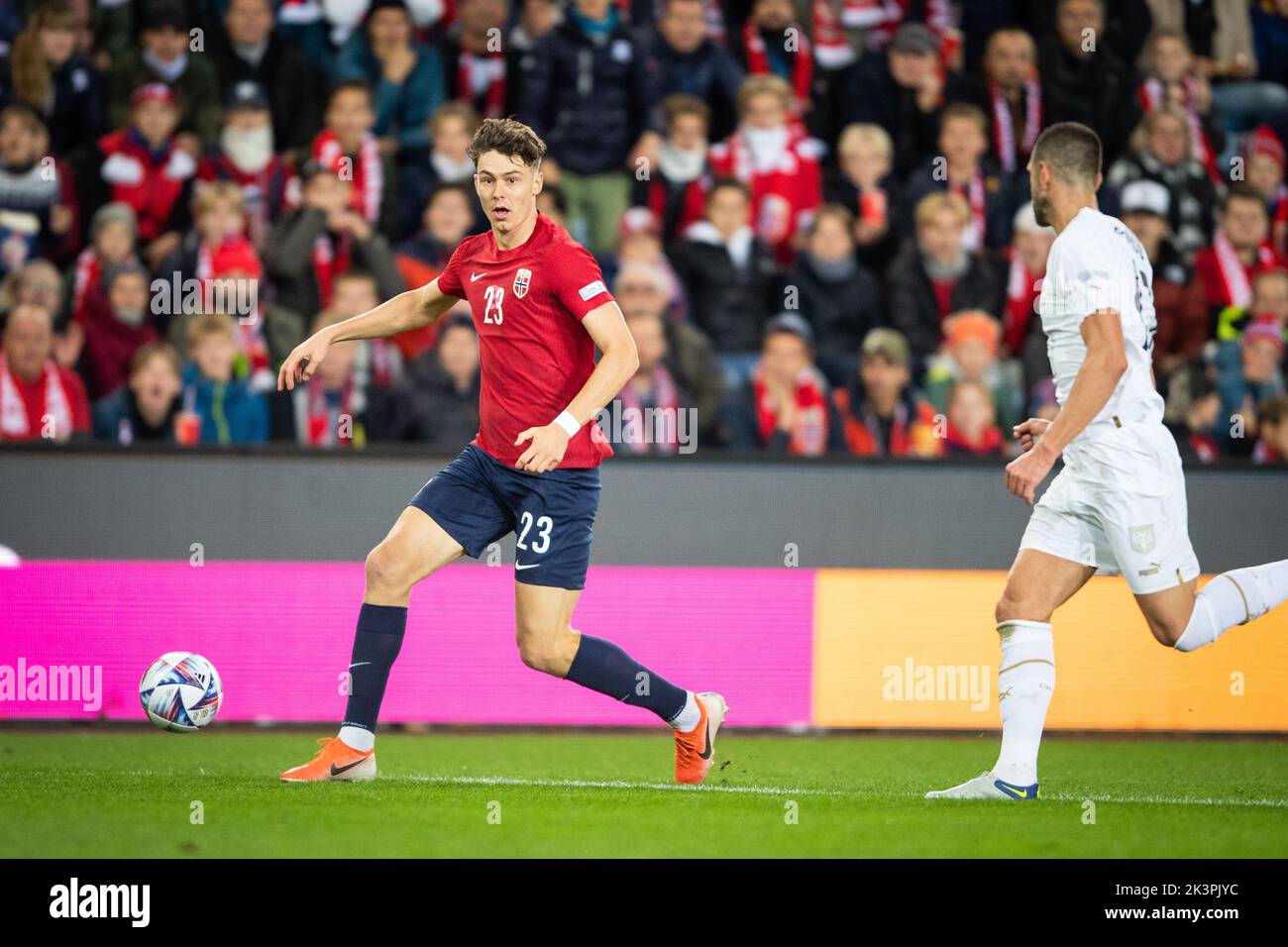 Oslo, Norway. 27th Sep, 2022. Jorgen Strand Larsen (23) of Norway seen ...