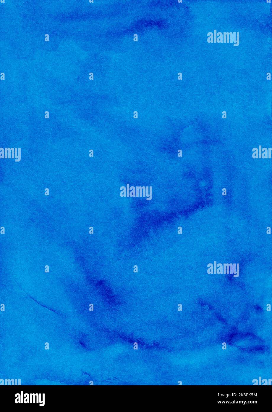 Watercolor azure blue background painting. Watercolour deep blue stains ...