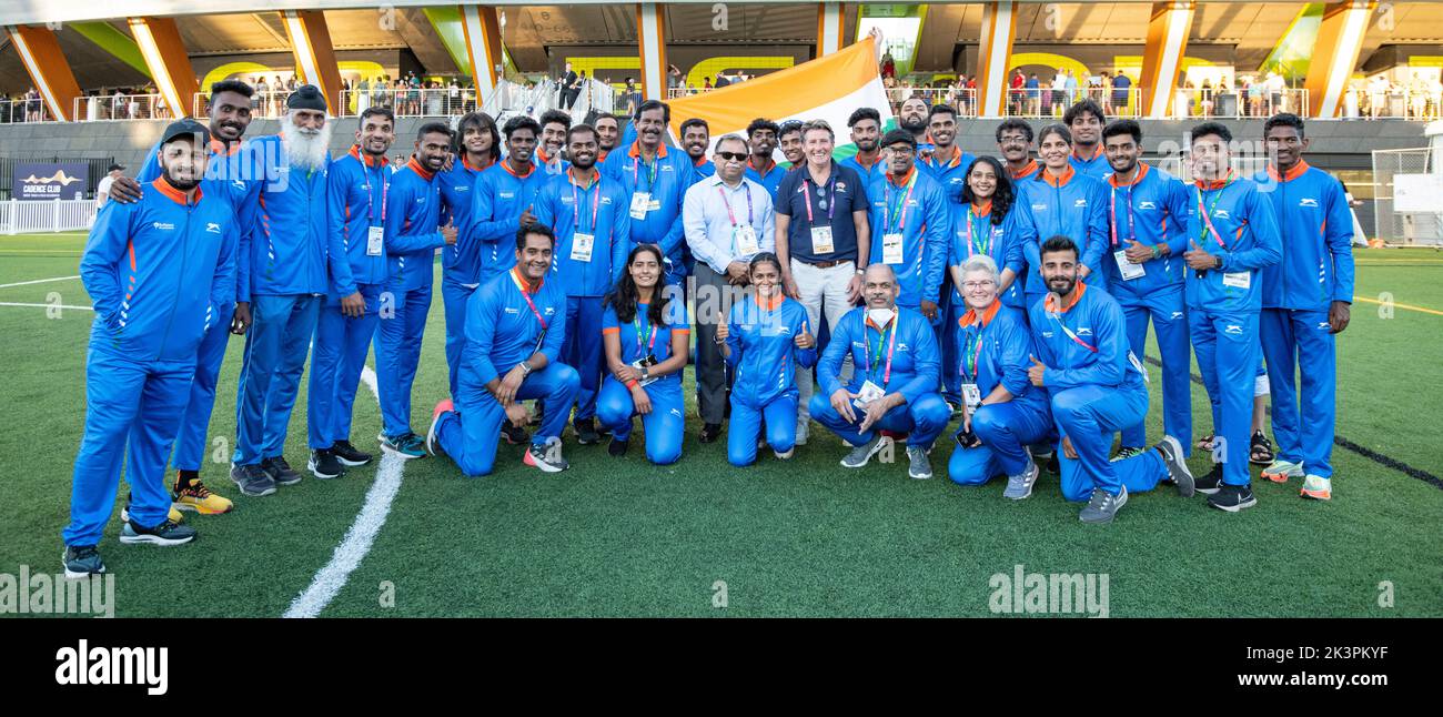 Lord Sebastian Coe poses with athlete’s and officials from team India ...