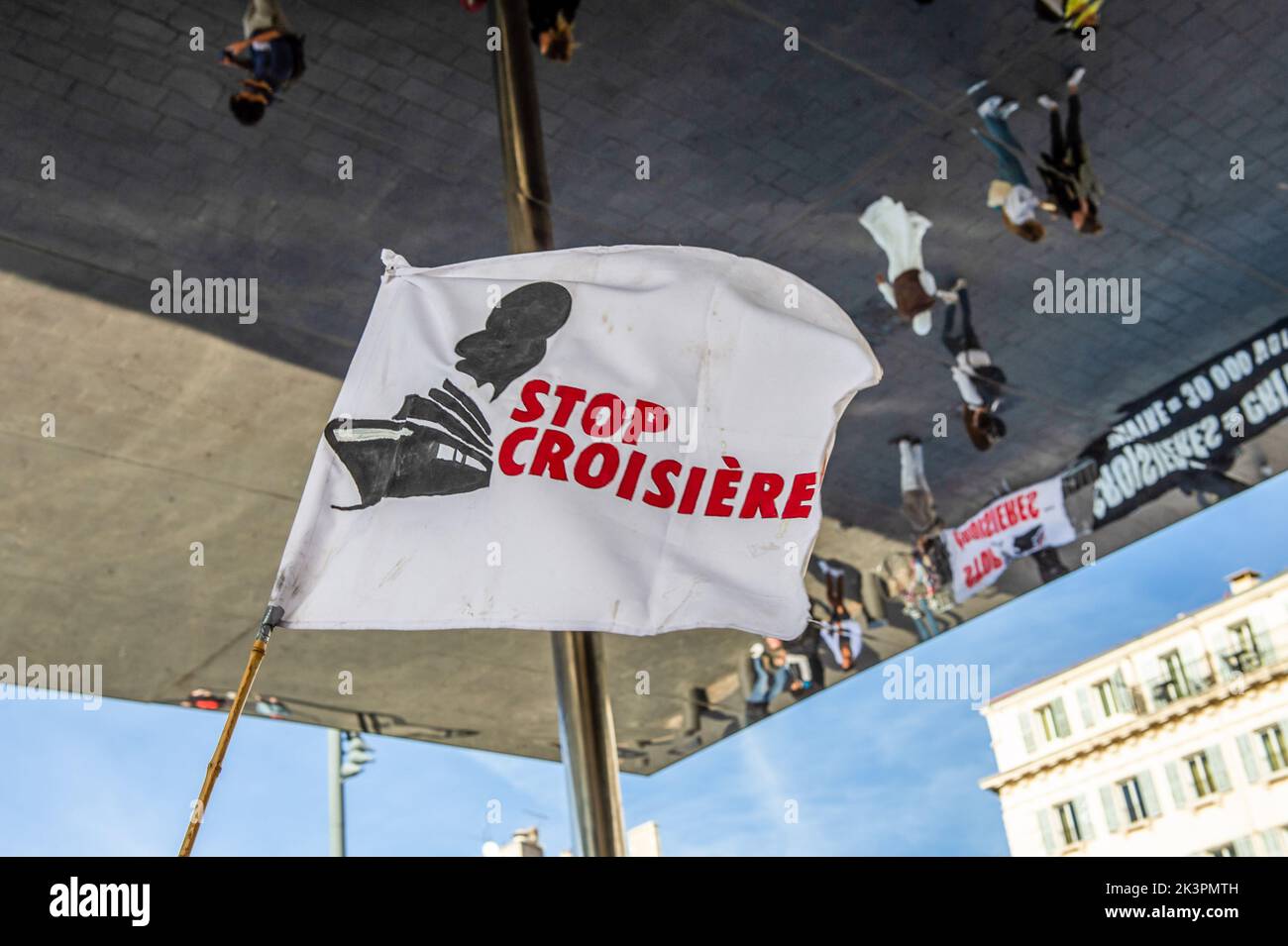 The protest movement flag 'Stop Croisieres' is seen during the ...
