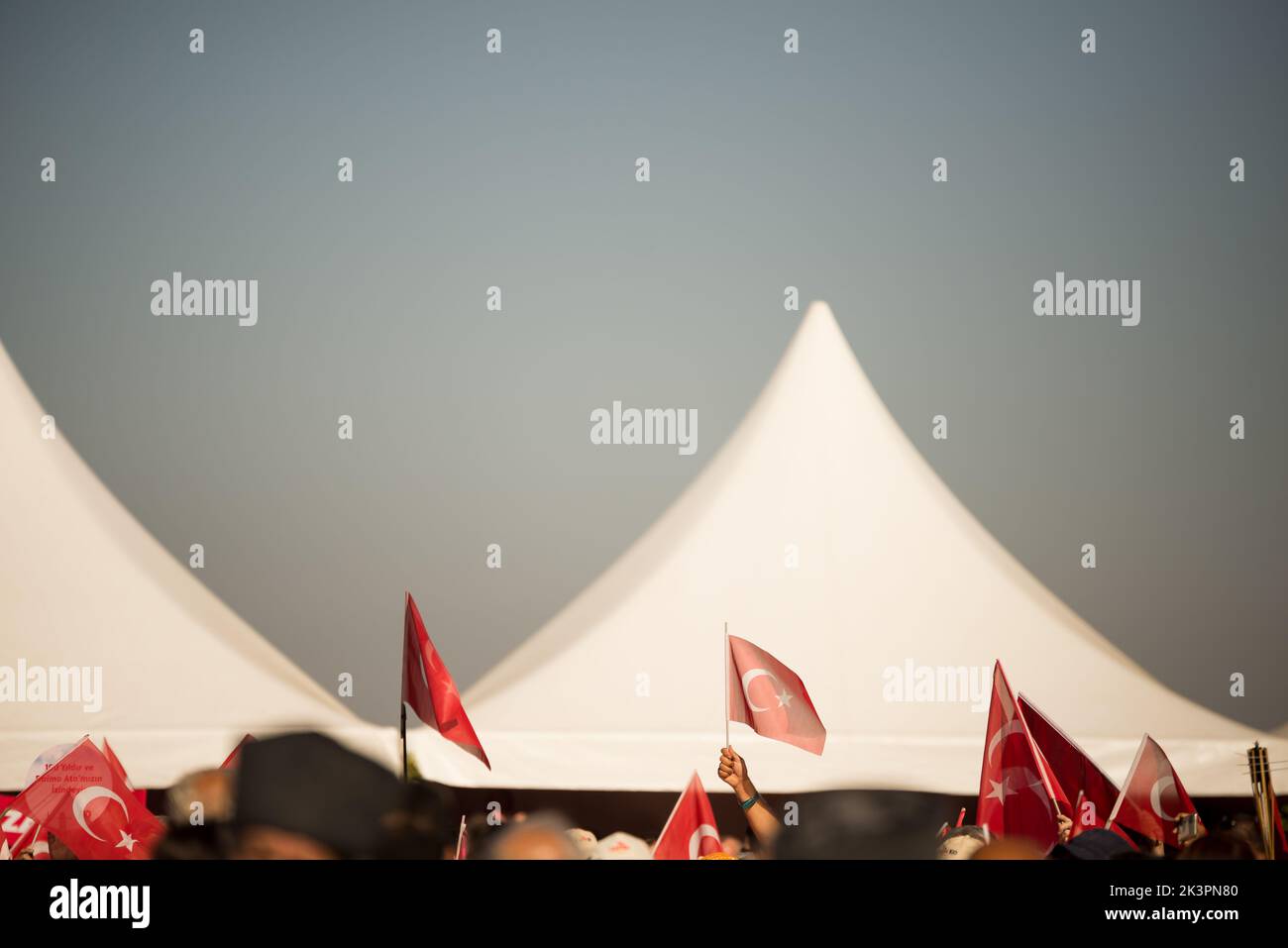 Izmir, Turkey - September 9, 2022: Close up shot of Turkish flags in a ...