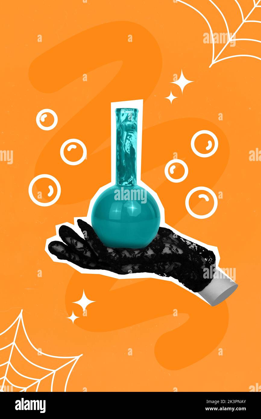 Vertical collage image of arm hold potion dangerous jar painted spider ...