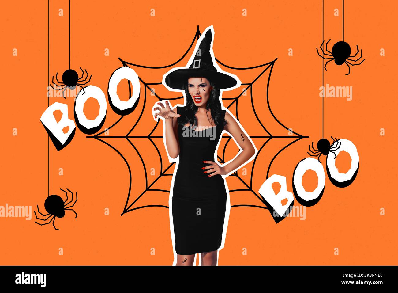 Collage Image Of Horrifying Witch Girl Spiders Net Boo Text Isolated On Creative Halloween