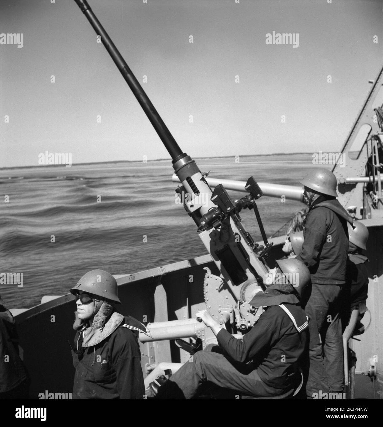 During World war II. The war ship Sverige during navy exercises at sea ...