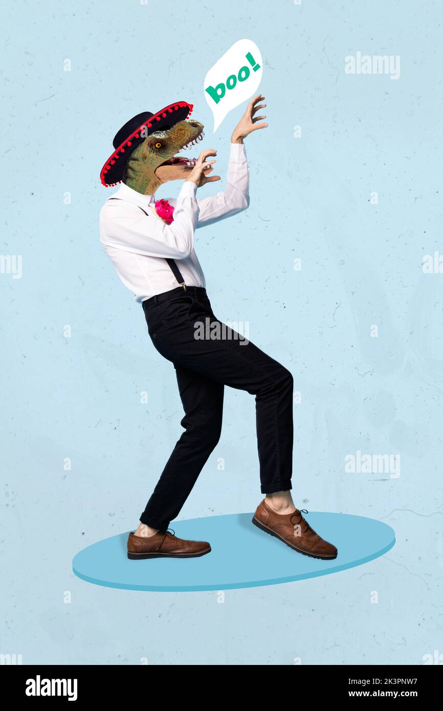 Vertical collage image of person dinosaur head headwear hands make ...