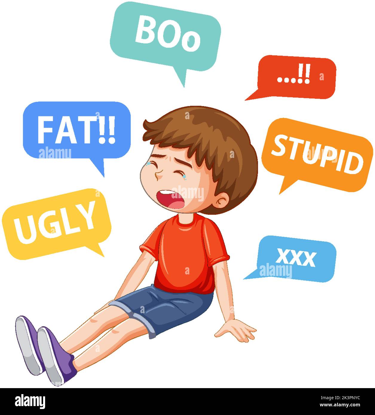 Sad boy surrounded by bullying words illustration Stock Vector Image ...