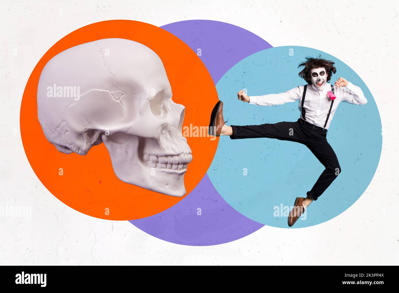Composite collage of excited crazy guy jumping leg kick huge skull ...
