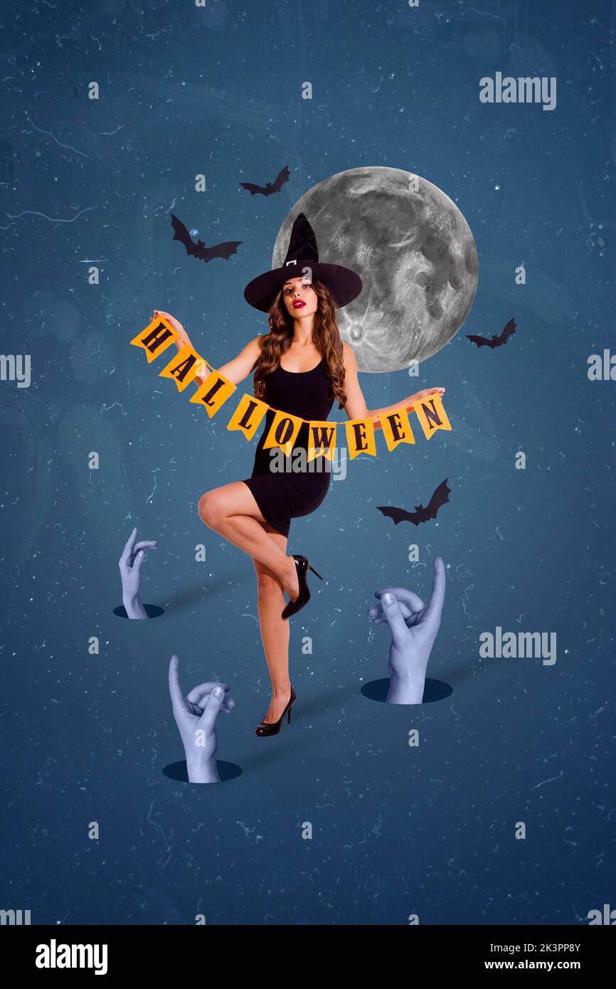 Vertical collage illustration of witch girl hold halloween letters ...