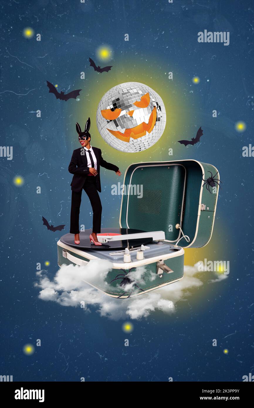 Vertical collage picture of excited mini bat girl dancing big vinyl ...