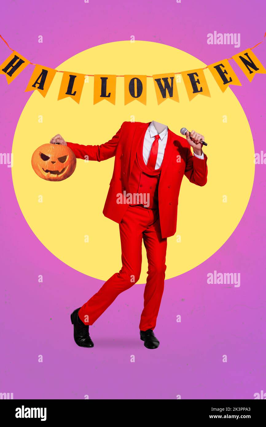 Vertical collage image of headless person wear red suit hand hold ...