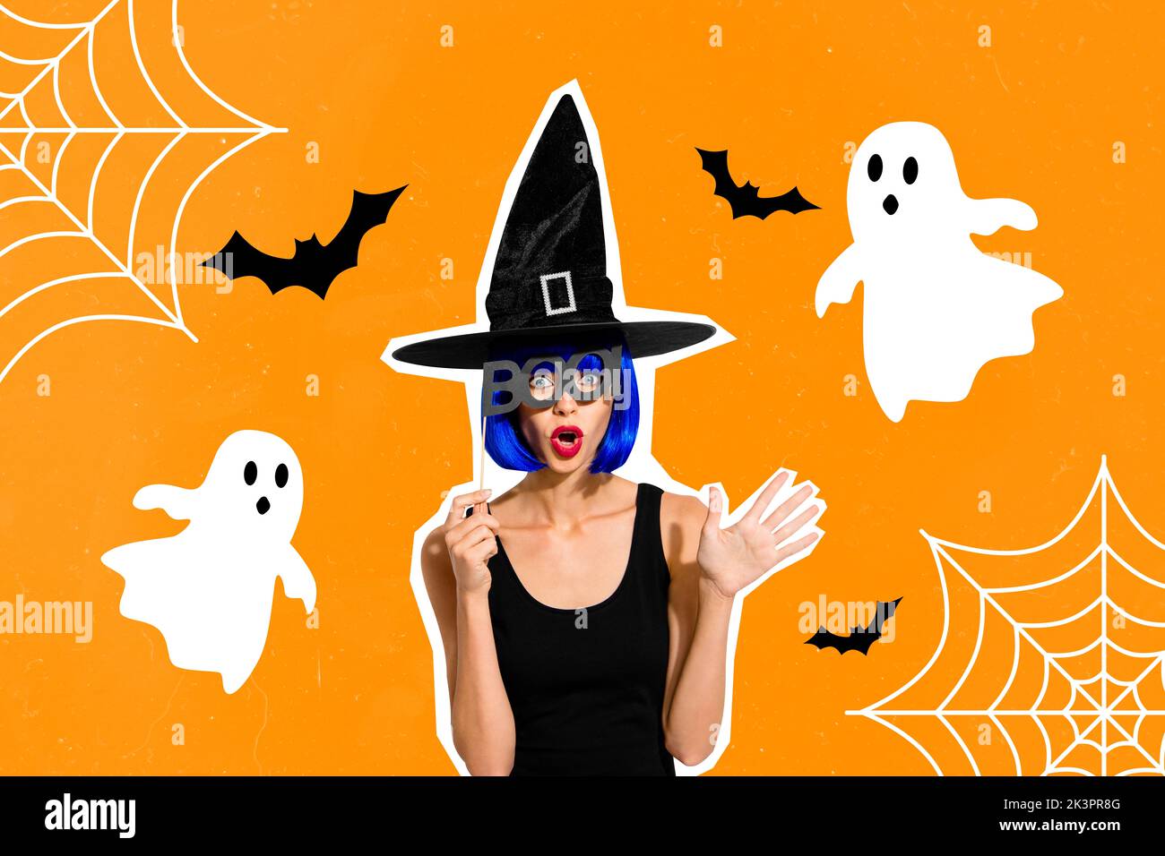 Photo artwork minimal picture of impressed scared lady wear witch ...