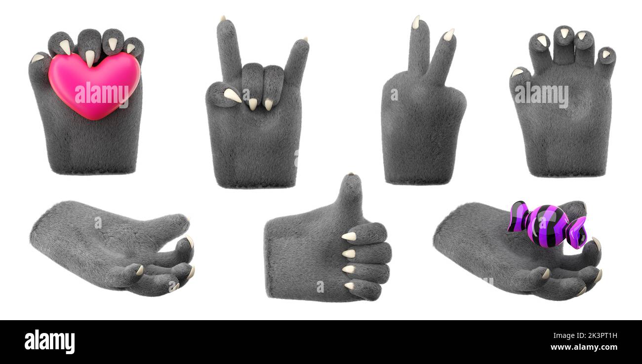 3d furry wolf hands set in plastic cartoon style. Different fingers and ...