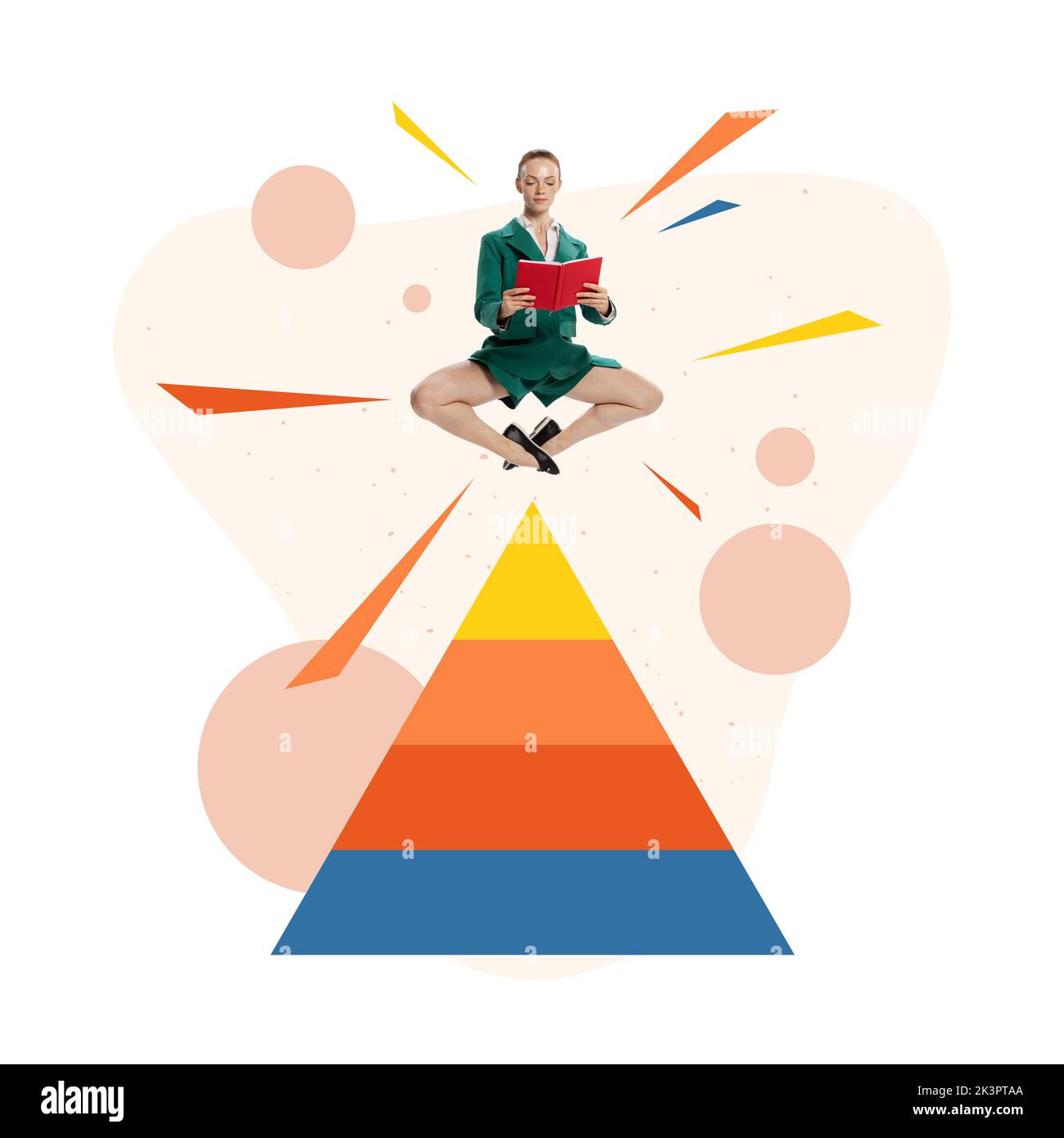 Young calm woman meditating over drawn pyramid chart. Contemporary ...