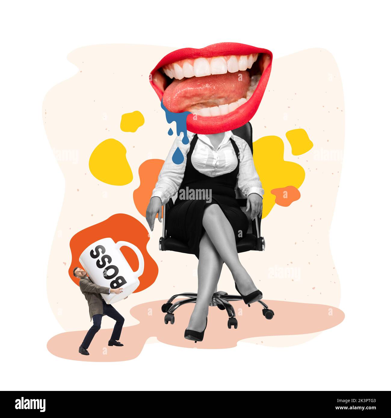 Lady-boss. Huge female manager and tiny man with cup. Contemporary ...