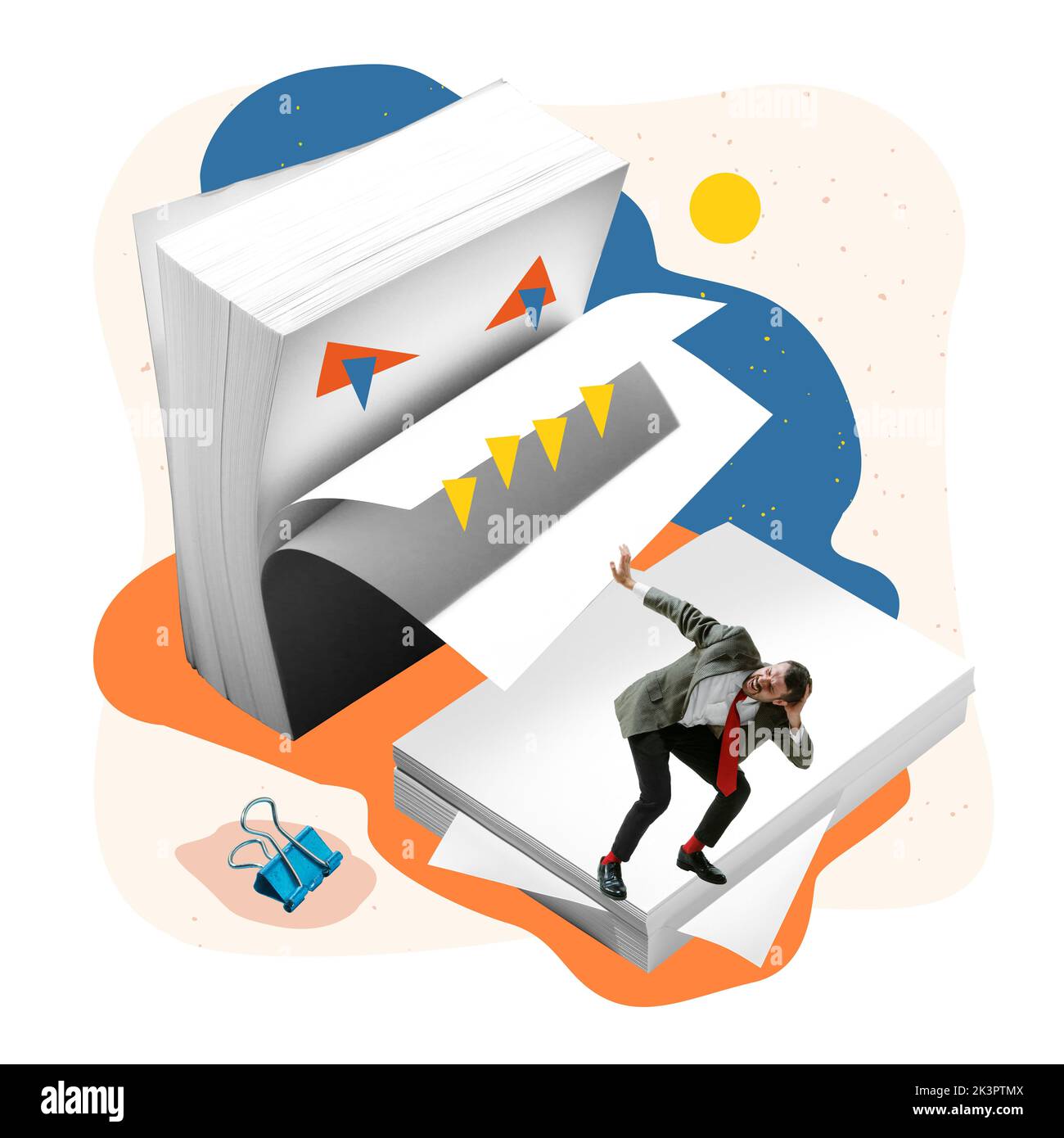 Scared man hiding from giant paper report book. Surrealism, symbolism ...