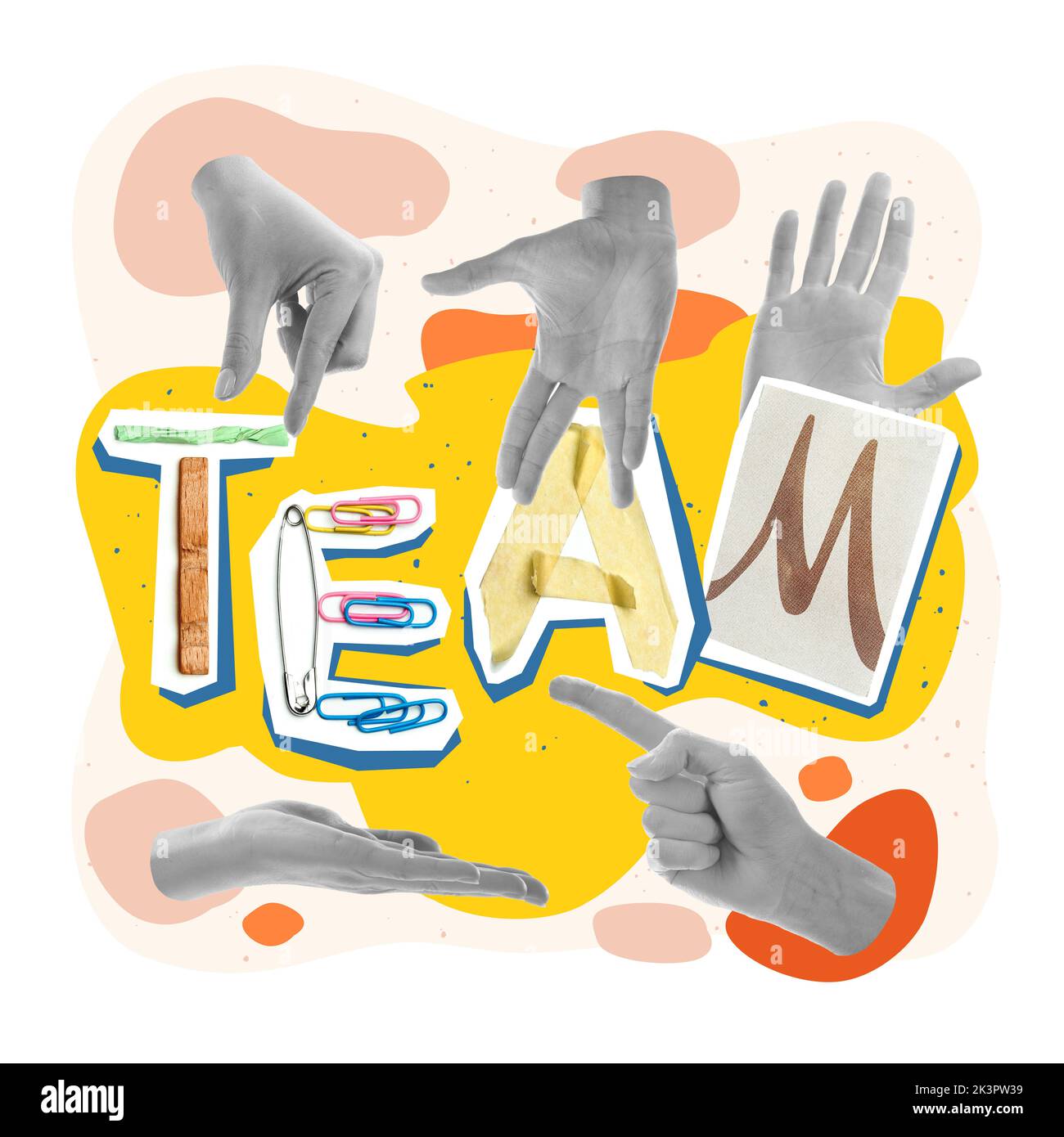 Female and male hands add up the word team. Contemporary colorful art ...