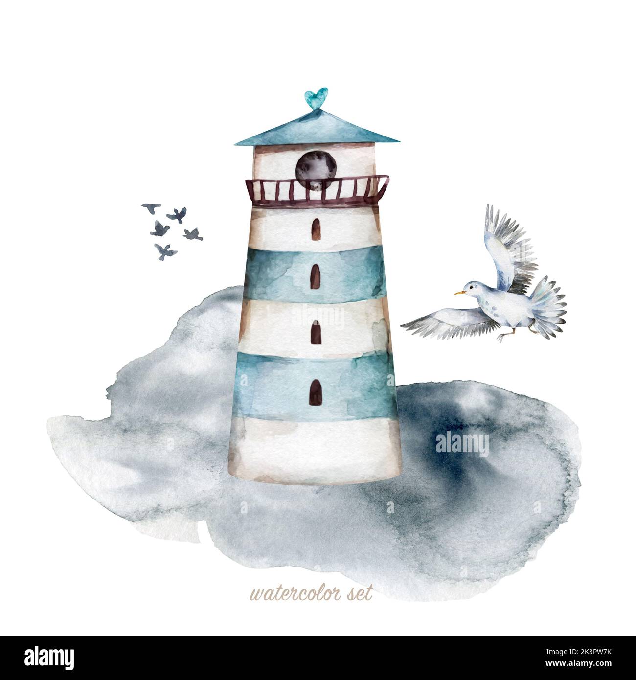 Blue lighthouse watercolor illustration. Flying seagull, symbols of the ...