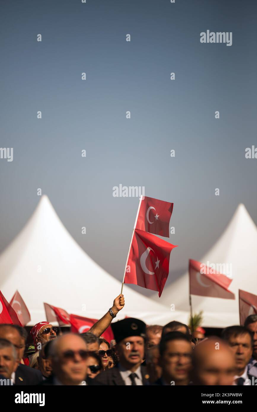 Izmir, Turkey - September 9, 2022: Close up shot of Turkish flags in a ...
