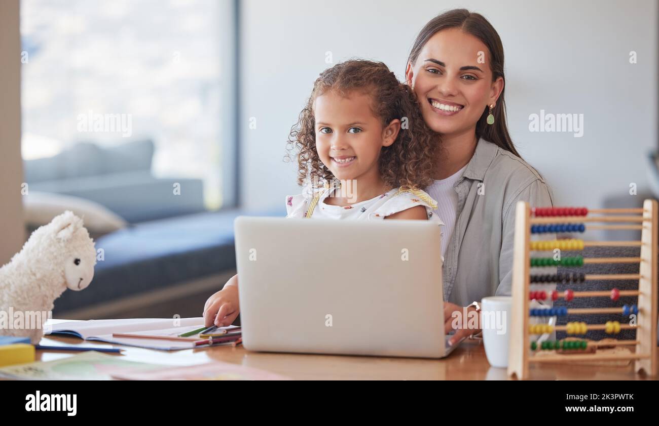 Home school, kid and mother with laptop elearning, education and ...