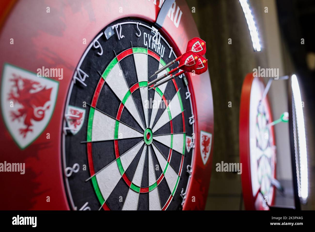 PONTYCLUN, WALES - 19 SEPTEMBER 2022: Wales dart board and darts for ...
